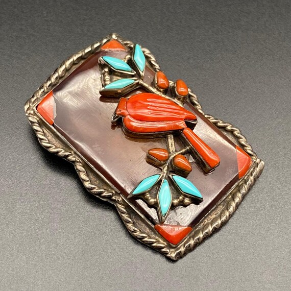 Vintage Zuni Native Cardinal Bird Coral Turquoise Sil… - Gem