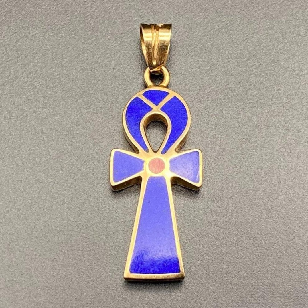 Vintage Egyptian Ankh Cross Two Side Turquoise Lapis 18K Gold Pendant ...