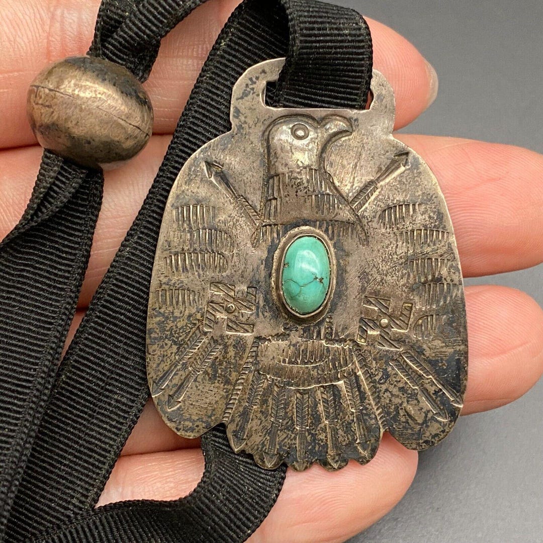 Vintage Navajo Thunderbird Whirling Log Turquoise Silver Pendant Necklace 42" - Etsy