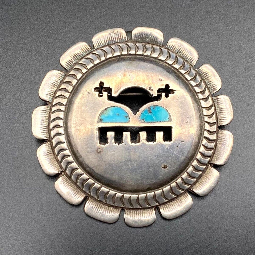 Vintage Navajo Thunder Raincloud Turquoise Stampwork Silver Brooch ...