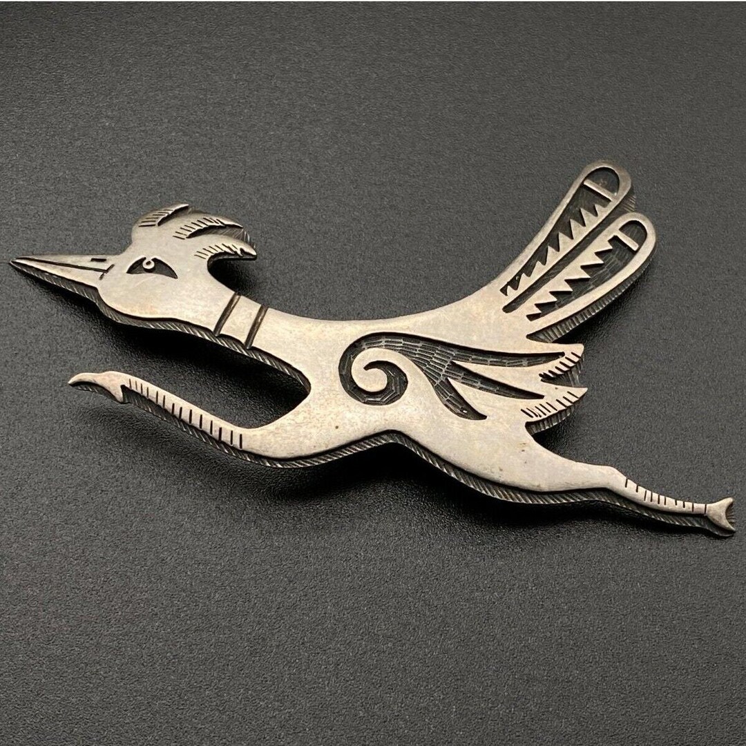 Vintage Hopi Phillip Honanie Native Roadrunner Bird Silver Pin Brooch ...