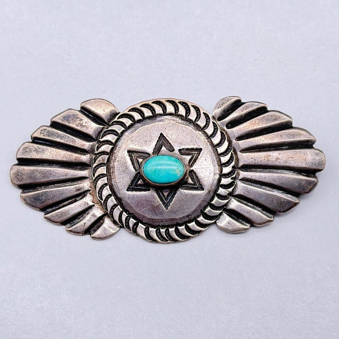Vintage Navajo Native Turquoise Star Hand Stamp Work Silver Pin Brooch ...