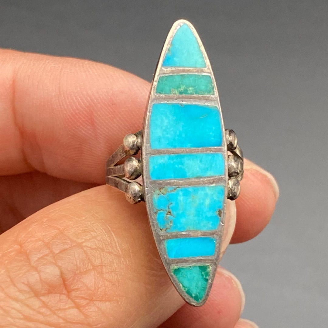 Vintage Zuni Native Turquoise Inlay Silver Ring Size 6 - Etsy