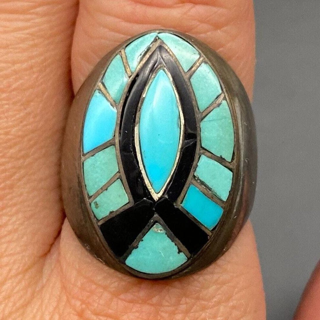 Vintage Zuni Native Hummingbird Turquoise Inlay Sterling Silver Ring ...