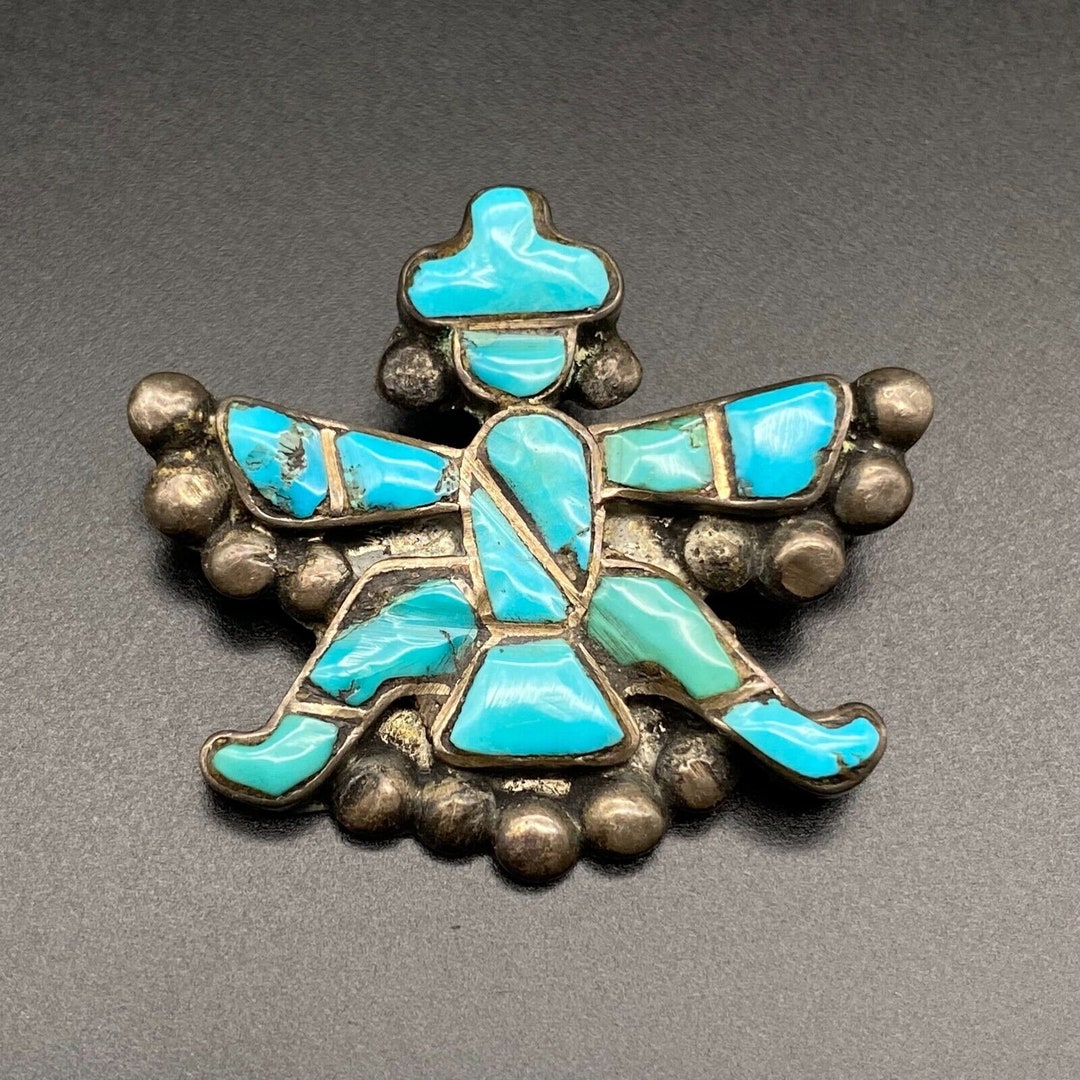 Vintage Navajo Knifewing Kachina Native Turquoise Inlay Silver Brooch ...