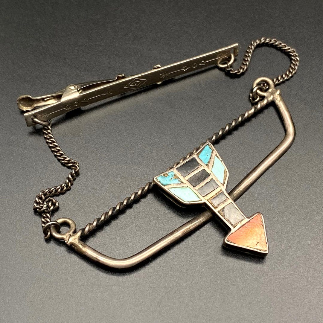 Vintage Zuni Native Turquoise Coral Inlay Arrow Bow Silver Tie Clip - Etsy