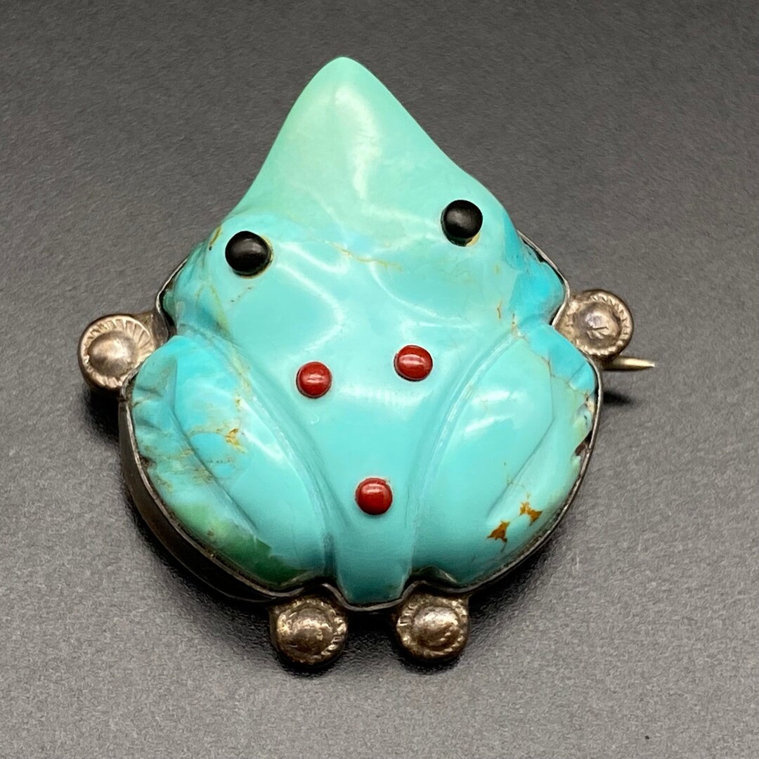 Vintage Zuni Native Poncho Fetish Frog Turquoise Coral Silver Pin ...