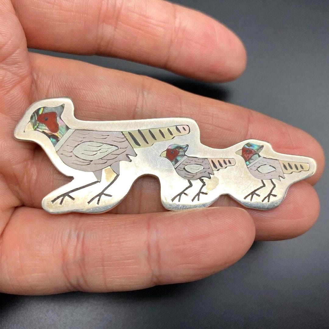 Vintage Zuni Edaakie Pheasant Bird Mother Babies Coral Native Silver ...