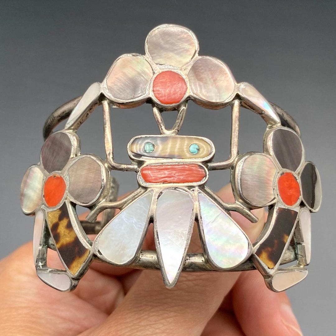 Vintage Sensa Eustace Zuni Bee Flower Turquoise Coral Silver Bracelet ...