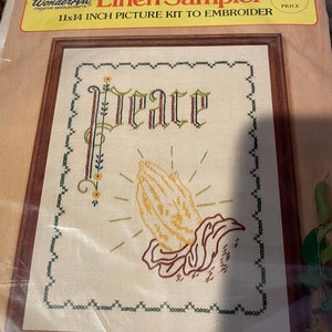 Vintage NOS Wonderart Linen Sampler Peace With Praying Hands Finished Size 11 X 14 - Etsy