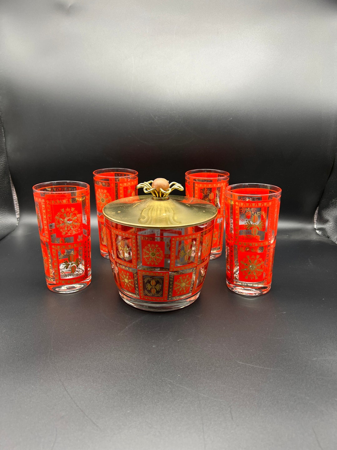 MCM Colony Glassware Red and Gold High Ball Tumblers and Lidded Ice ...