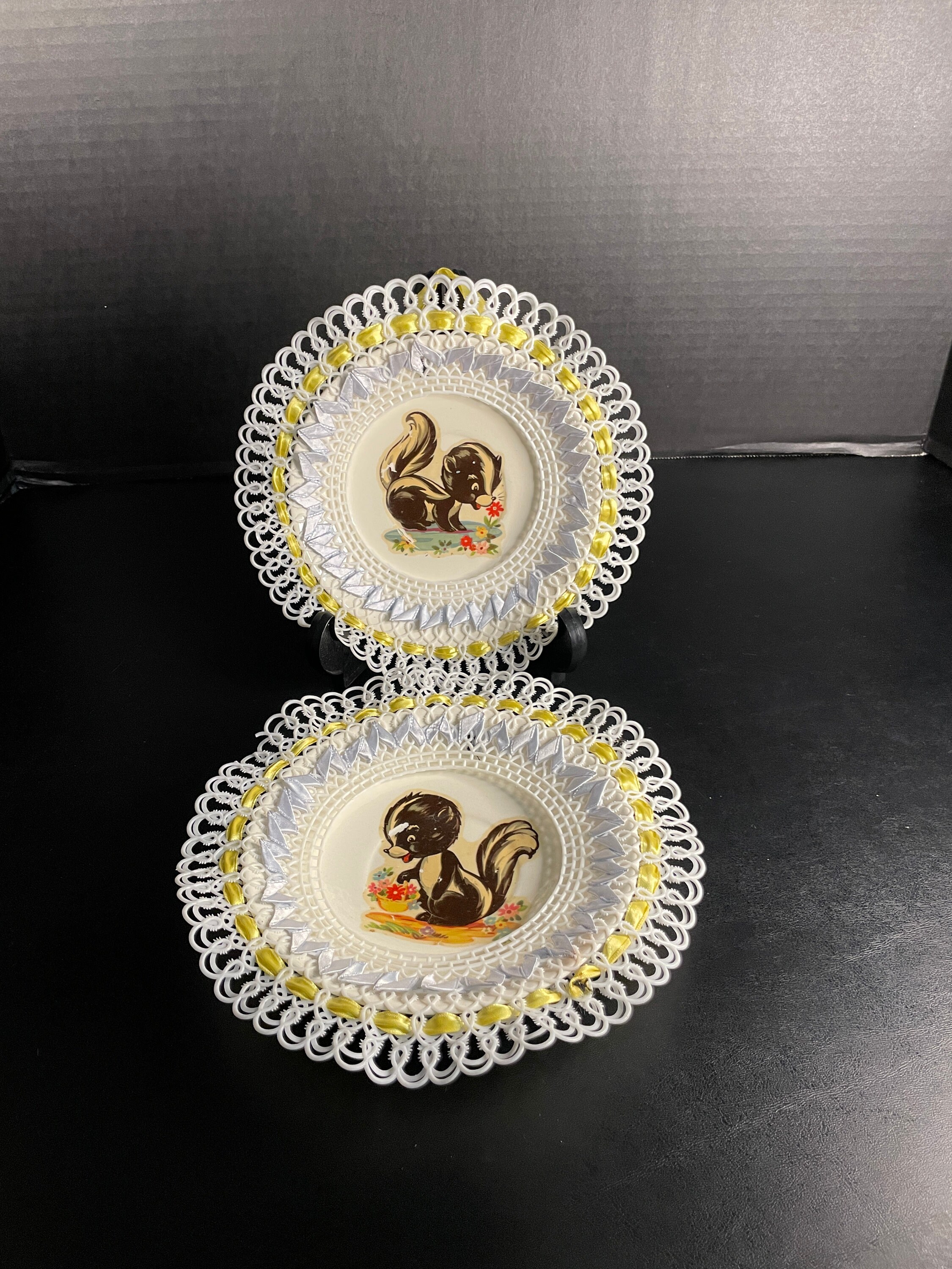 Vintage Kitschy Handmade Skunk Plates With Plastic Doily Trim | Etsy