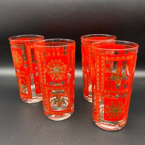 MCM Colony Glassware Red and Gold High Ball Tumblers and Lidded Ice ...