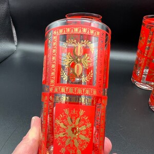 MCM Colony Glassware Red and Gold High Ball Tumblers and Lidded Ice ...