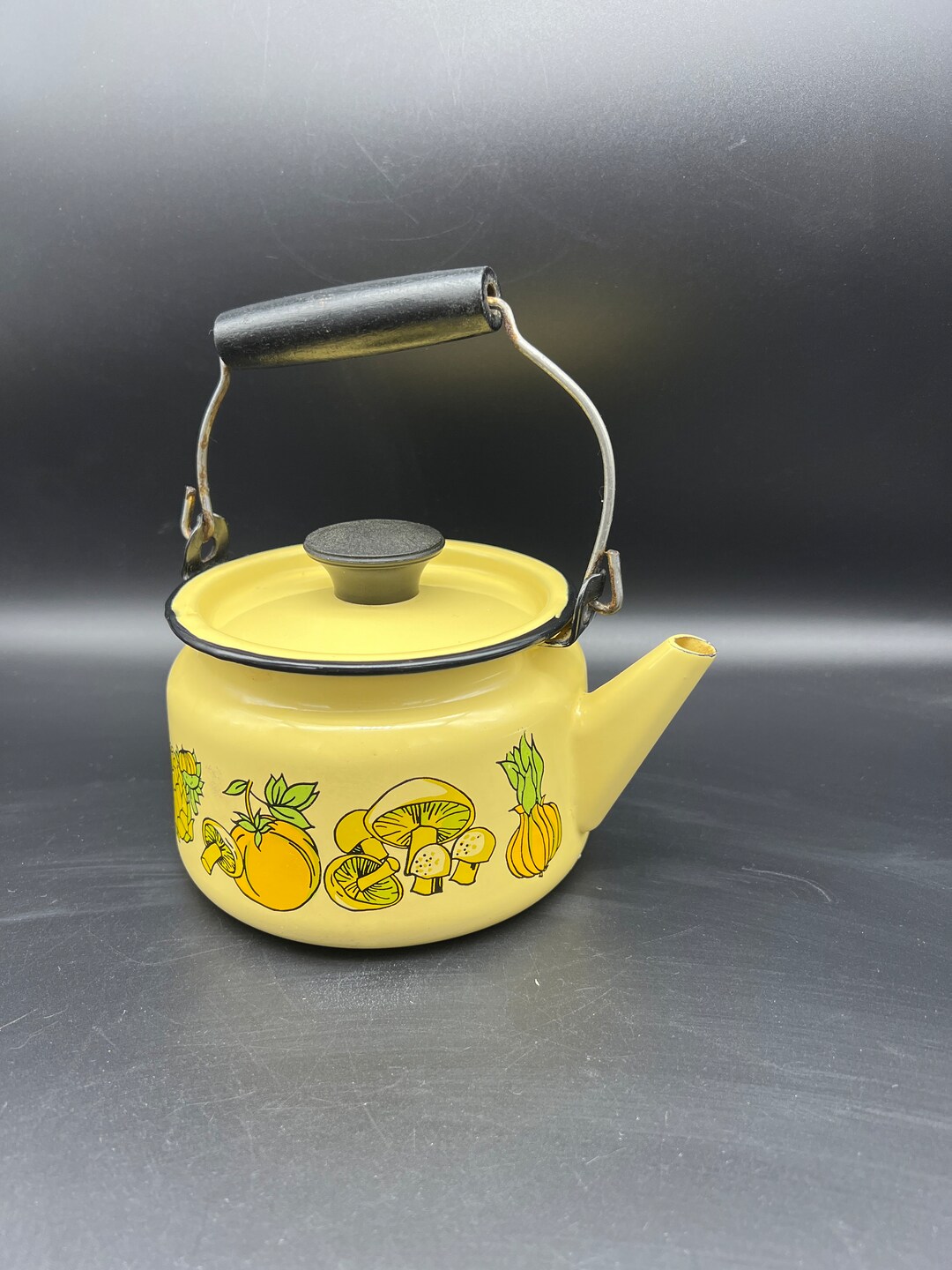 Retro Vintage Yellow Enamel Teapot With Mushrooms Vegetables 1970's ...