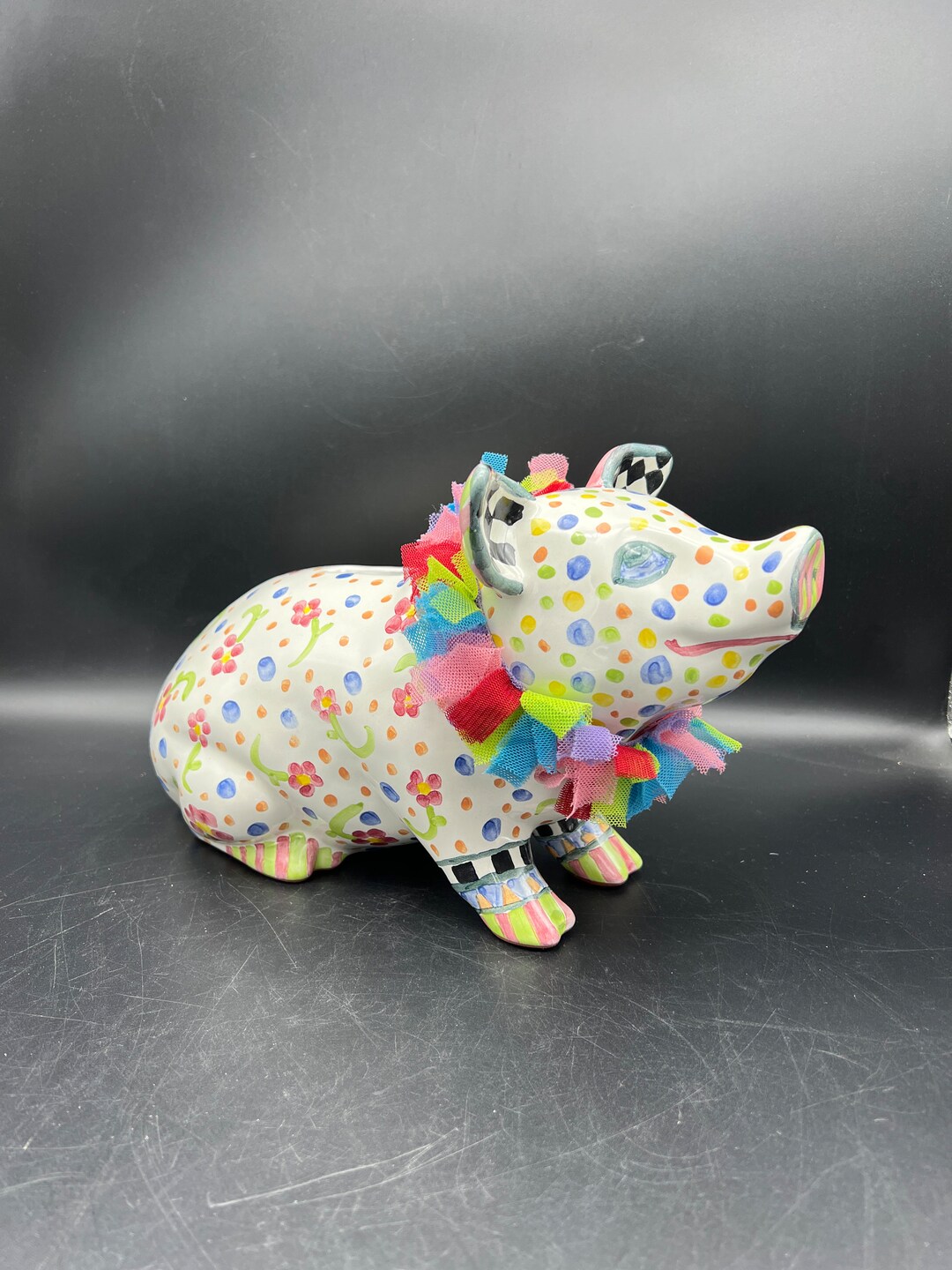Retired Mackenzie-childs Piccadilly Piggy Bank Hand Painted Rainbow ...