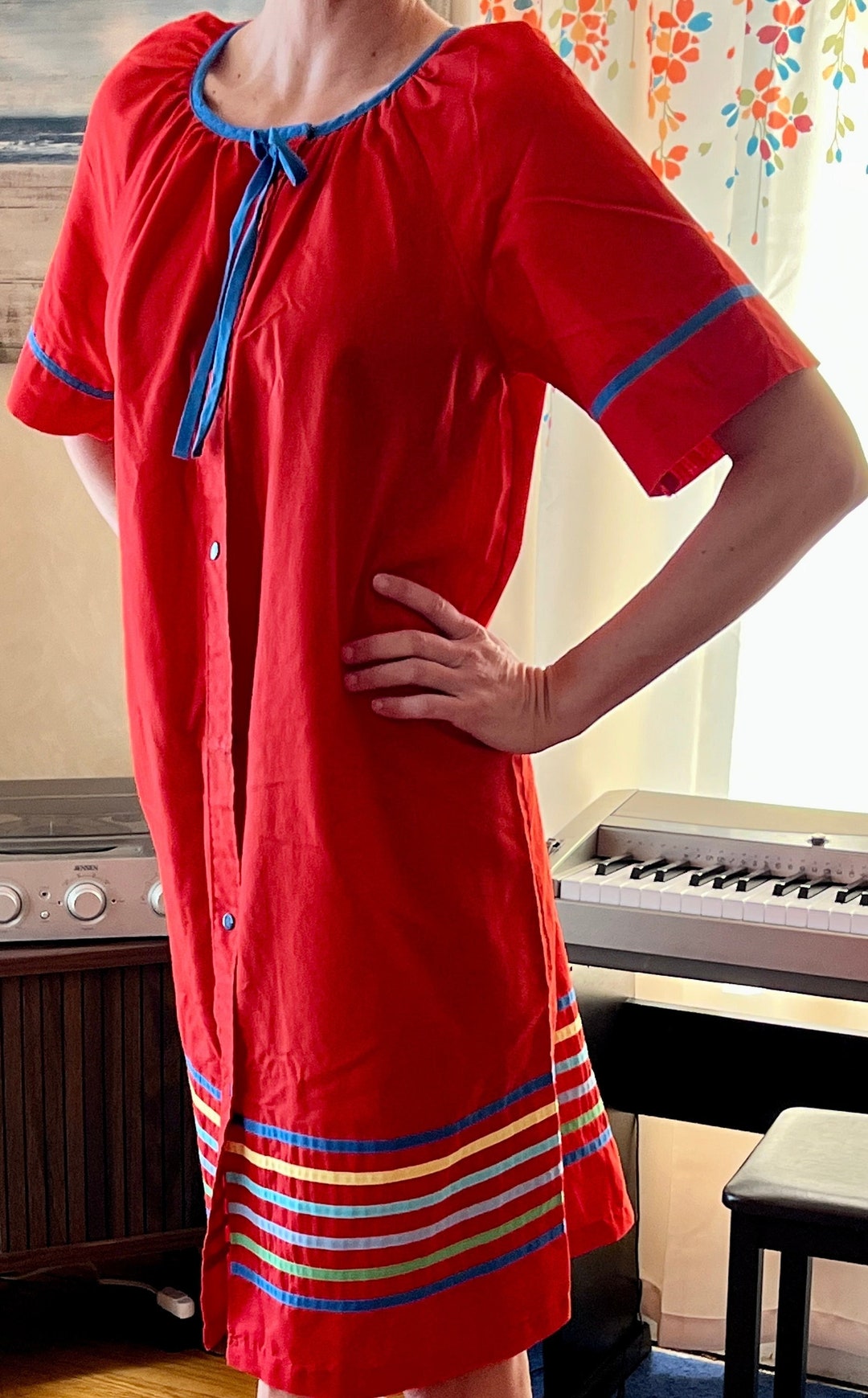 Vintage Duster House Dress House Coat Red With Stripes and Pearl Snaps ...