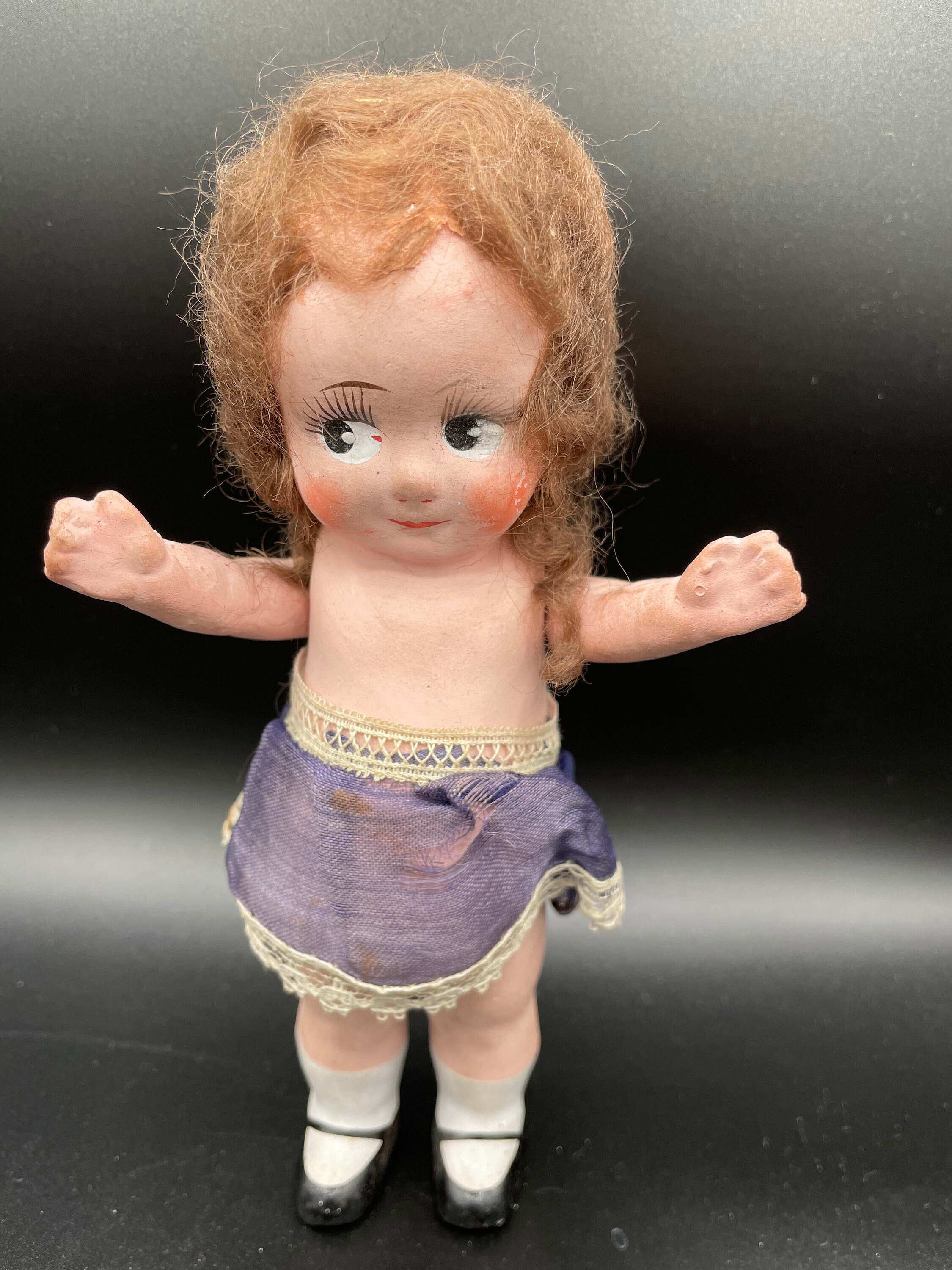 Antique Chalkware Doll With Wavy Human Hair Marked Germany Movable Arms ...