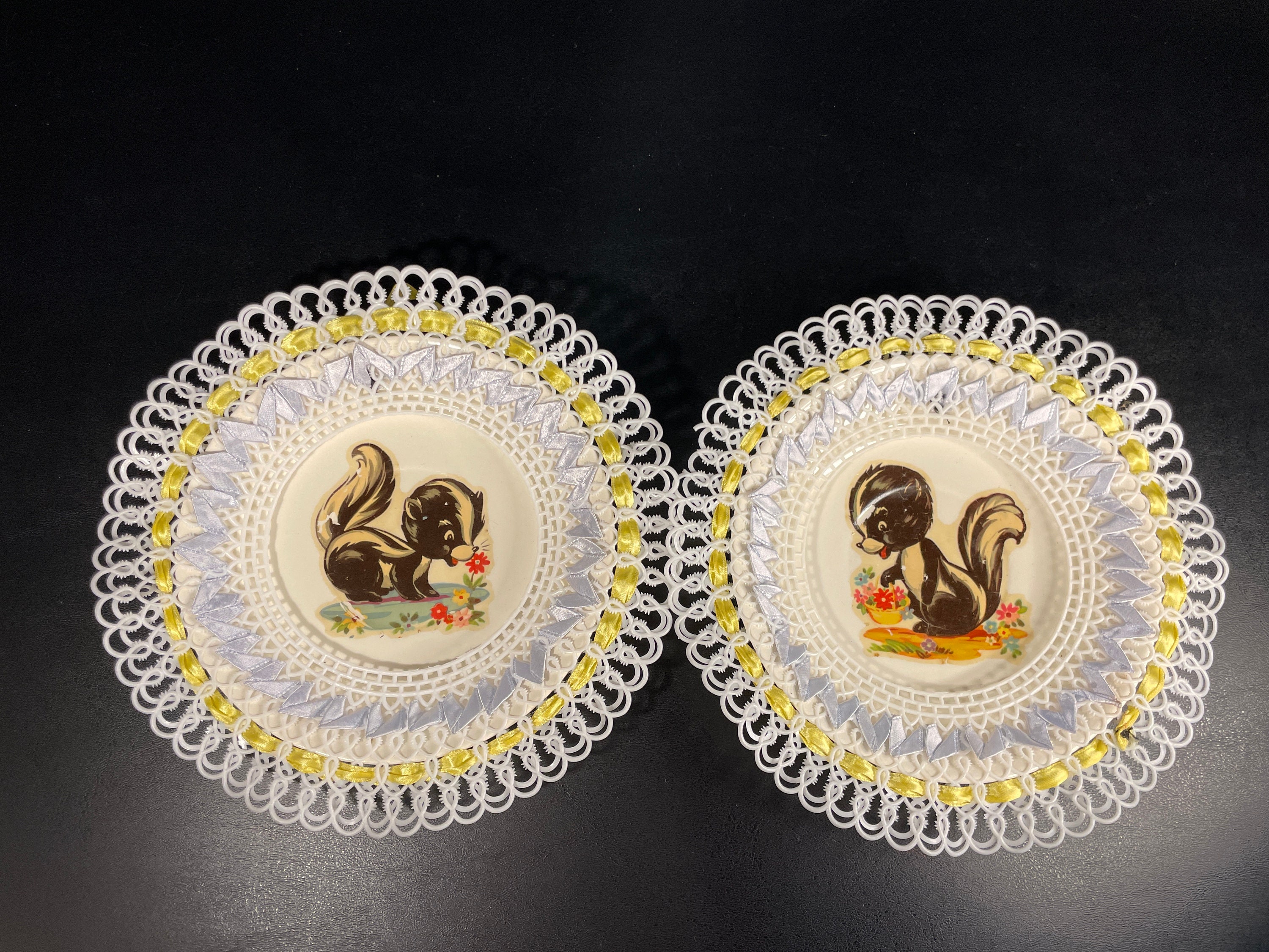 Vintage Kitschy Handmade Skunk Plates With Plastic Doily Trim | Etsy