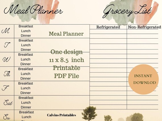 The Best Water Color Weekly Meal Planner & Grocery List | Etsy
