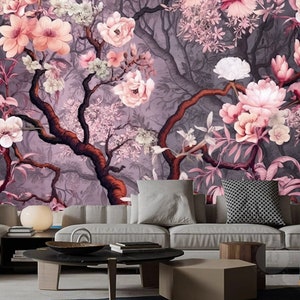 Chinoiserie Spring Hanging Pink Cherry Blossom Flowers Floral Wallpaper ...