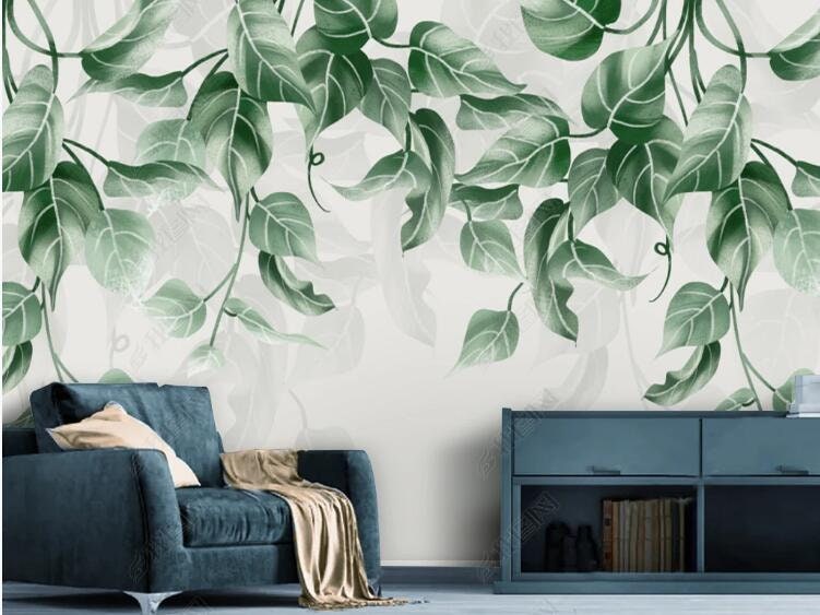 Hanging Several Green Leaves Wallpaper Wall Mural Spring | Etsy