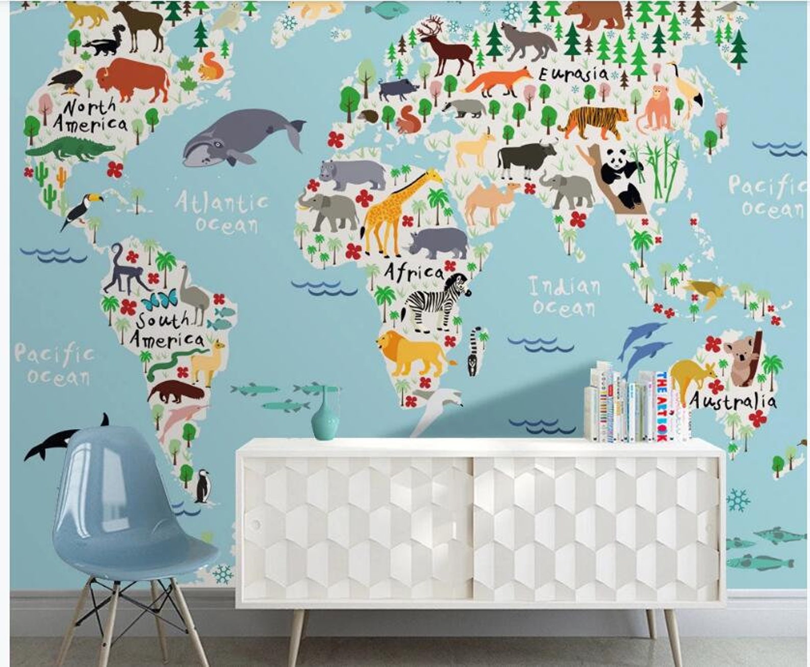 Safari Cartoon World Map Nursery Wallpaper World Map Cartoon | Etsy