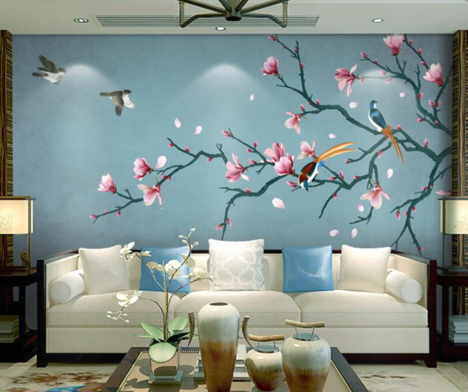 Chinoiserie Hanging Pink Plum Tree Wallpaper Flying Birds - Etsy