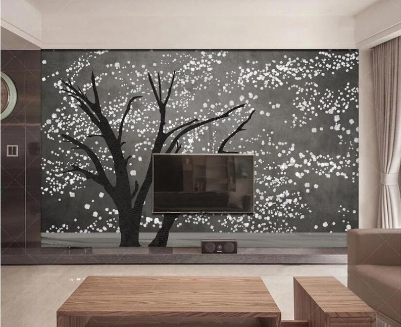 Grey Background Huge Tree Wallpaper Handpainted White Leaves - Etsy