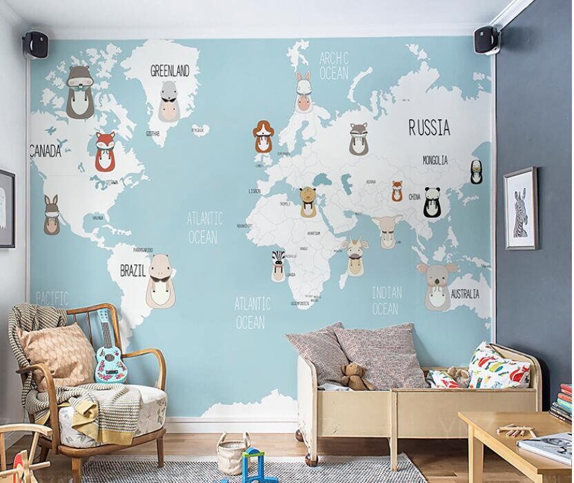 Cartoon Blue World Map Nursery Wallpaper World Map Cartoon - Etsy
