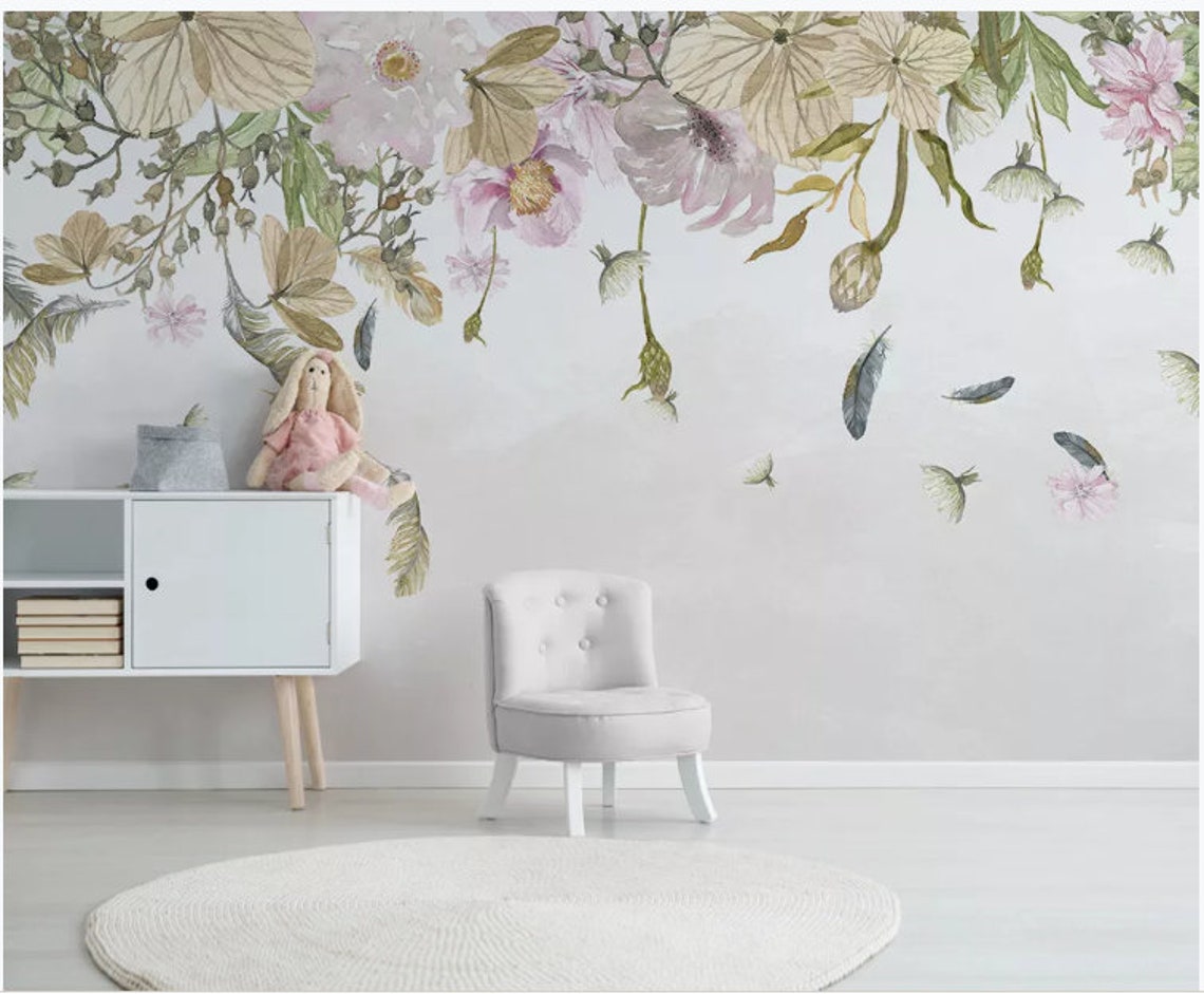 Custom Wallpaper Modern Small Fresh Leaves Floral Feathers | Etsy
