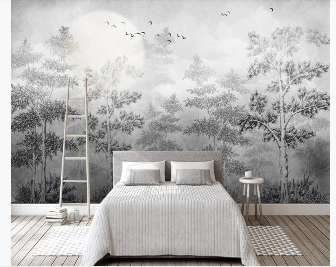Grey Huge Trees Forest Wallpaper Handpainted Flying Birds and - Etsy