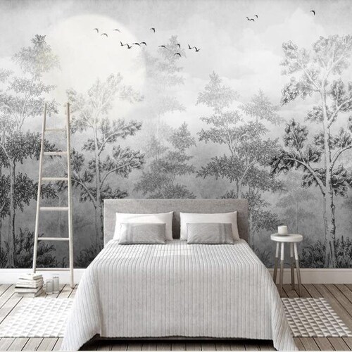 Oil Painting Grey Huge Trees Forest Wallpaper Handpainted - Etsy
