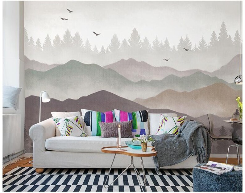 Ombre Mountains Mural Wallpaper Geometry Mountain With Trees - Etsy