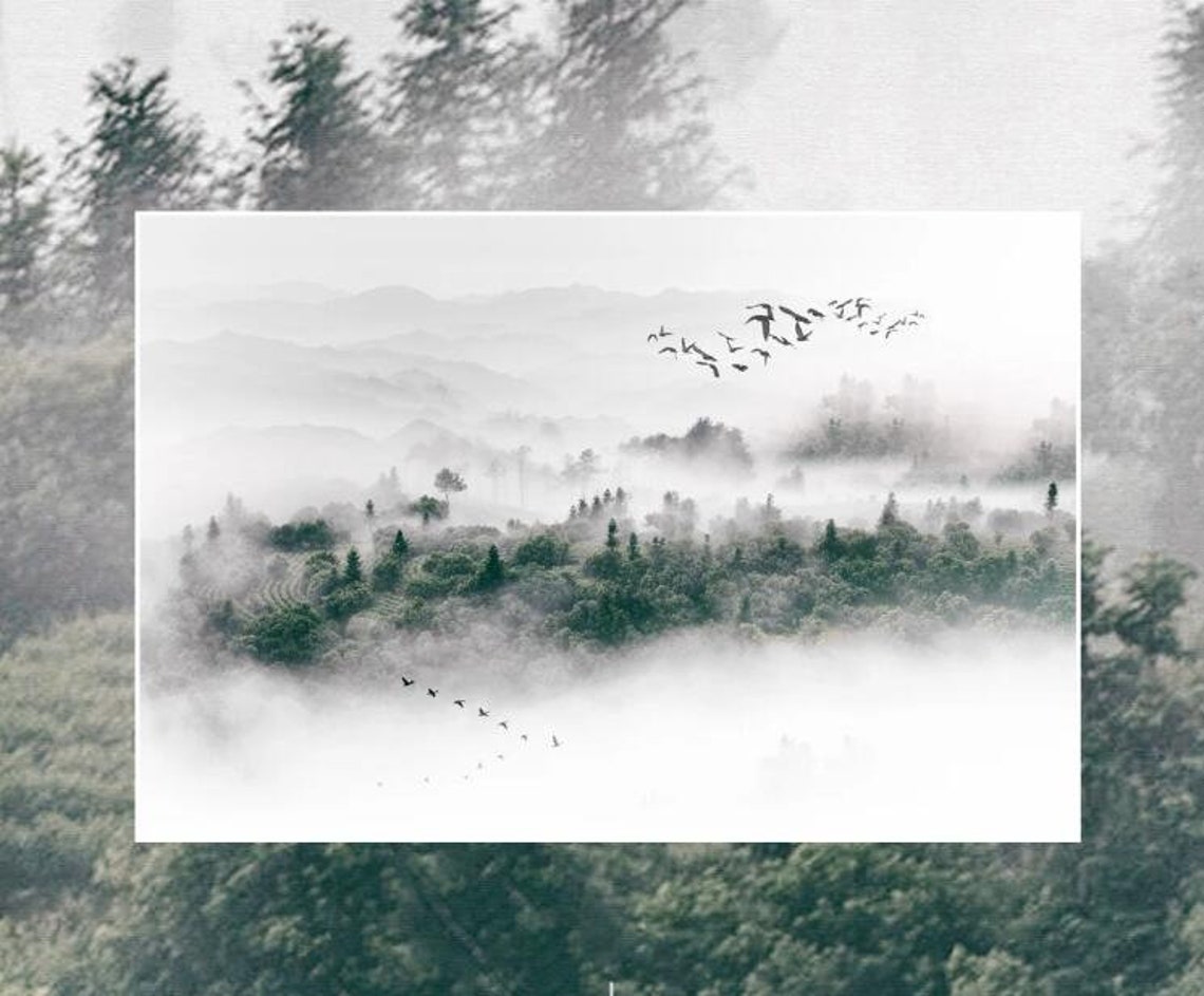 Foggy Trees Forest Ombre Mountains Mural Wallpaper Mist Pine - Etsy