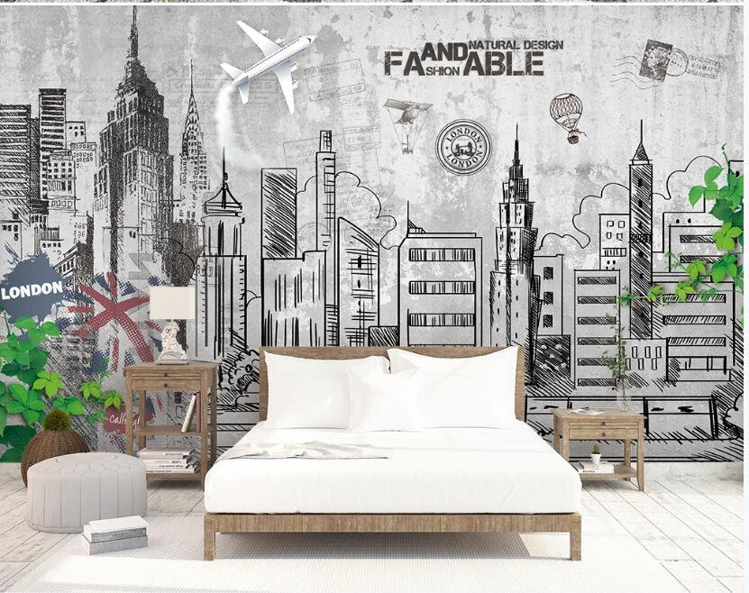 Hand Painted Sketch Buildings Wallpaper Simple City Airplane | Etsy