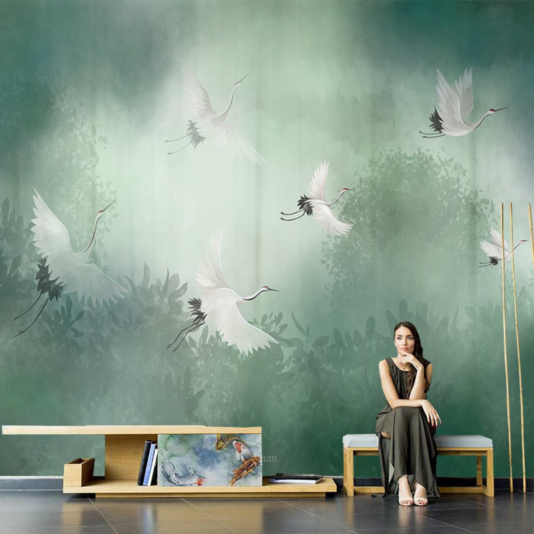 Green Background Cranes and Forest Trees Wallpaper Wall Mural - Etsy