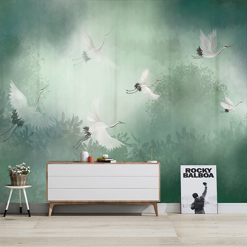 Green Background Cranes and Forest Trees Wallpaper Wall Mural - Etsy