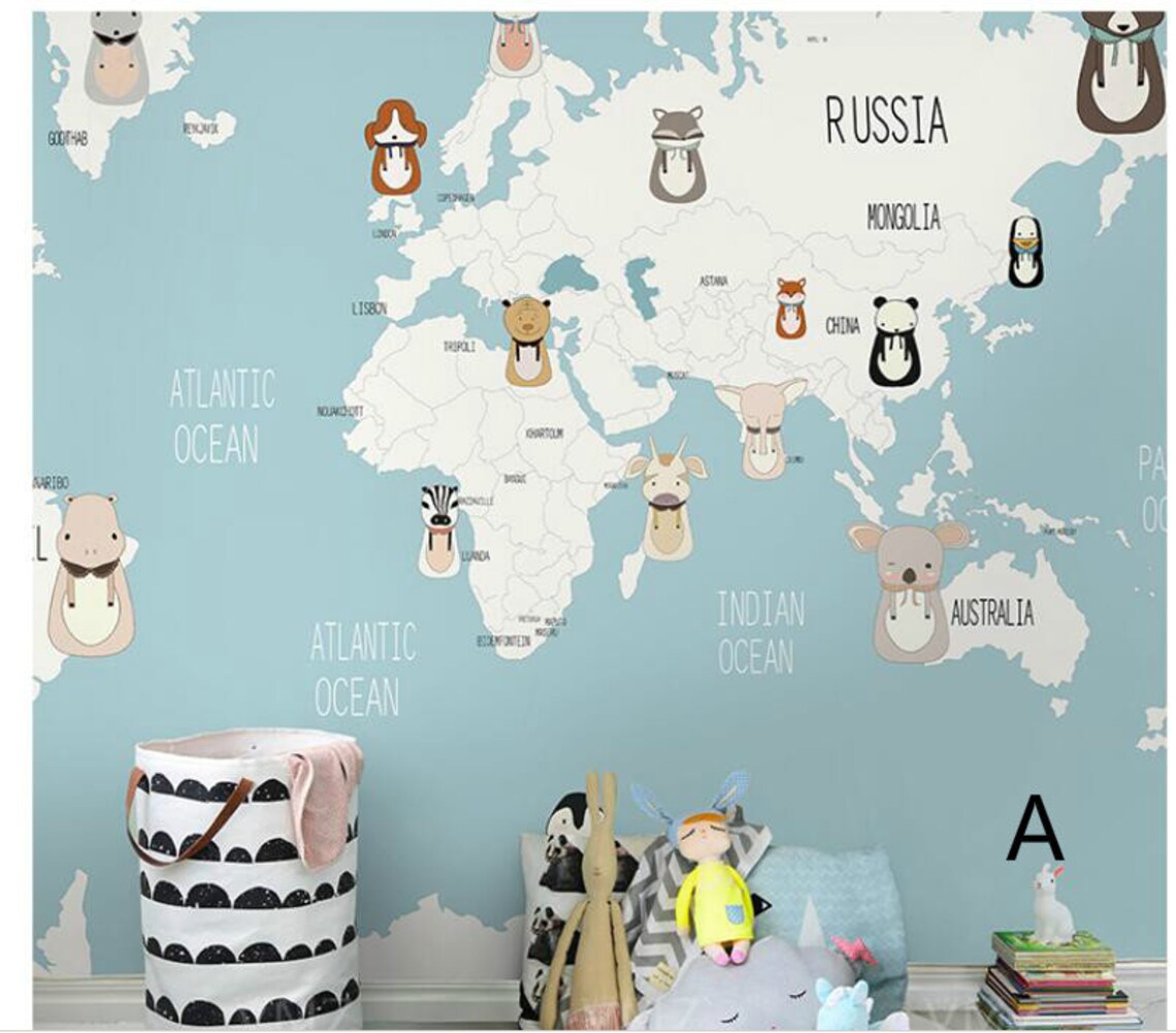 Cartoon Blue World Map Nursery Wallpaper World Map Cartoon - Etsy