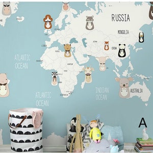 Cartoon Blue World Map Nursery Wallpaper, World Map Cartoon Animals ...