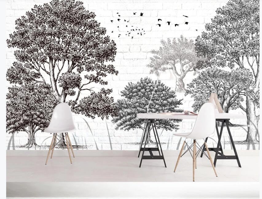 Hand Painted Pine Trees Forest Wallpaper Flying Birds and | Etsy