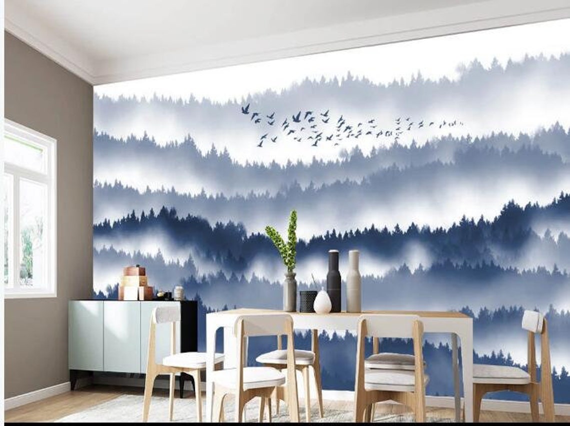 Misty Forest Scene Mural Foggy Mountain Forests Mural Forest | Etsy