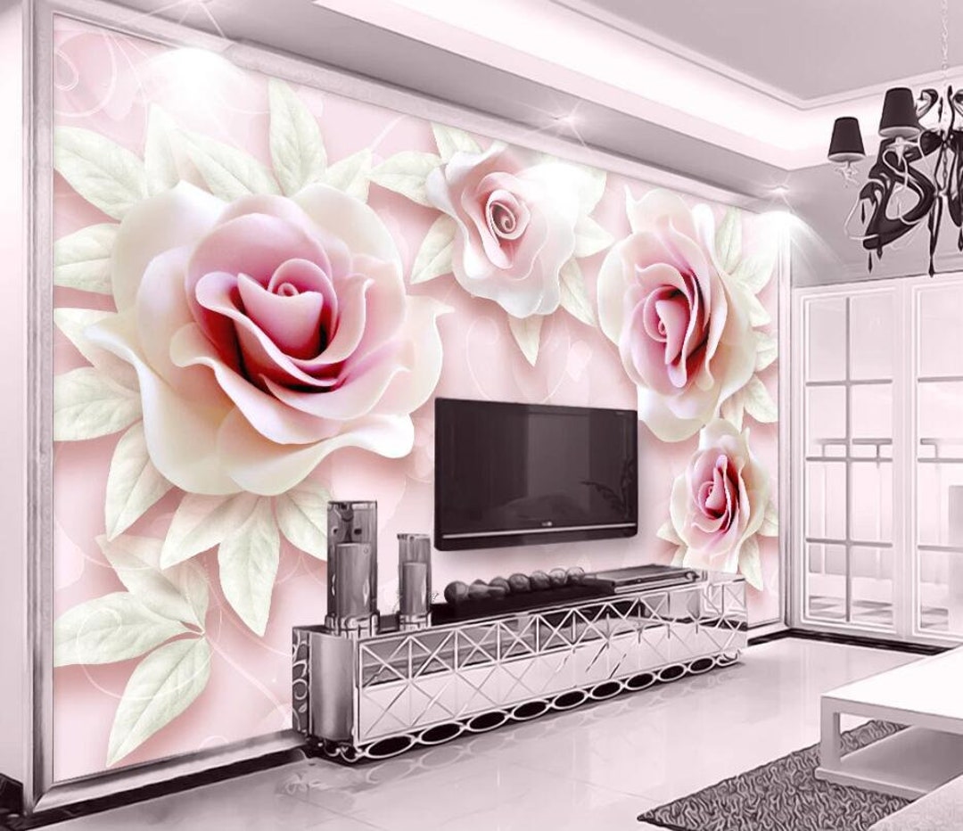 Fresh and Simple 3D Embossed Pink Rose 3D TV Bedroom Background ...