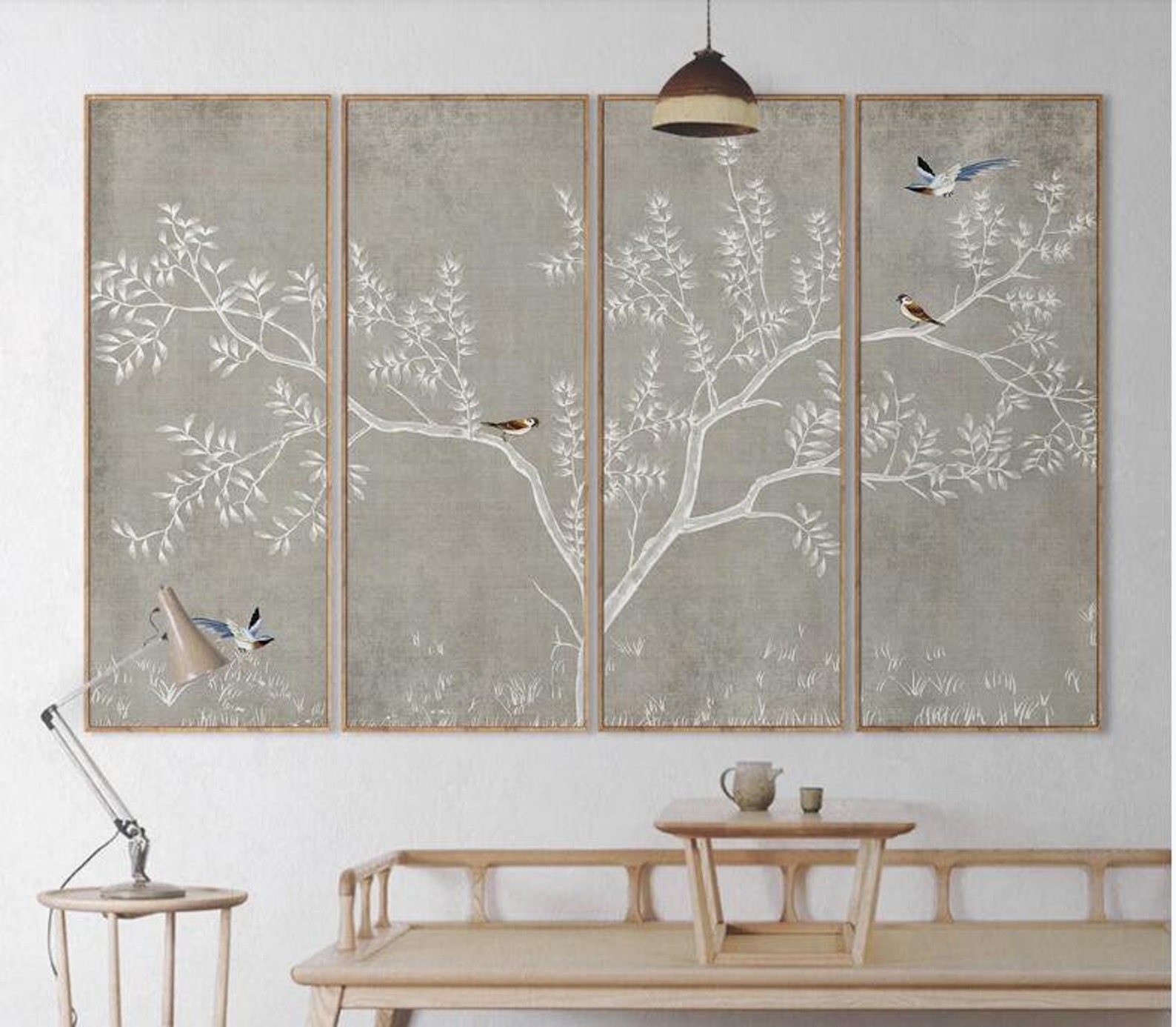 Chinoiserie Huge White Tree Wallpaper Grey Background Flying | Etsy