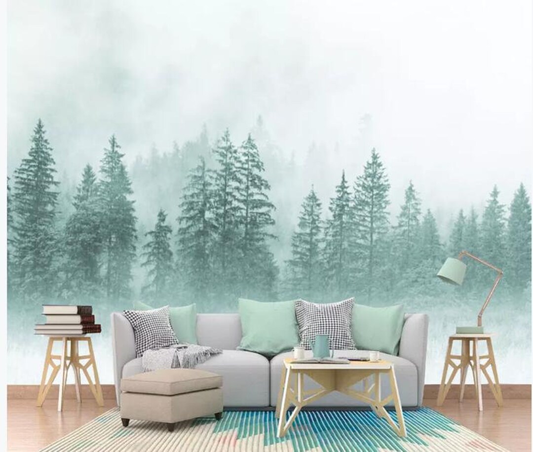 Fresh Simple Trees Forest Mural Wallpaper, Handpainted Pine Trees ...