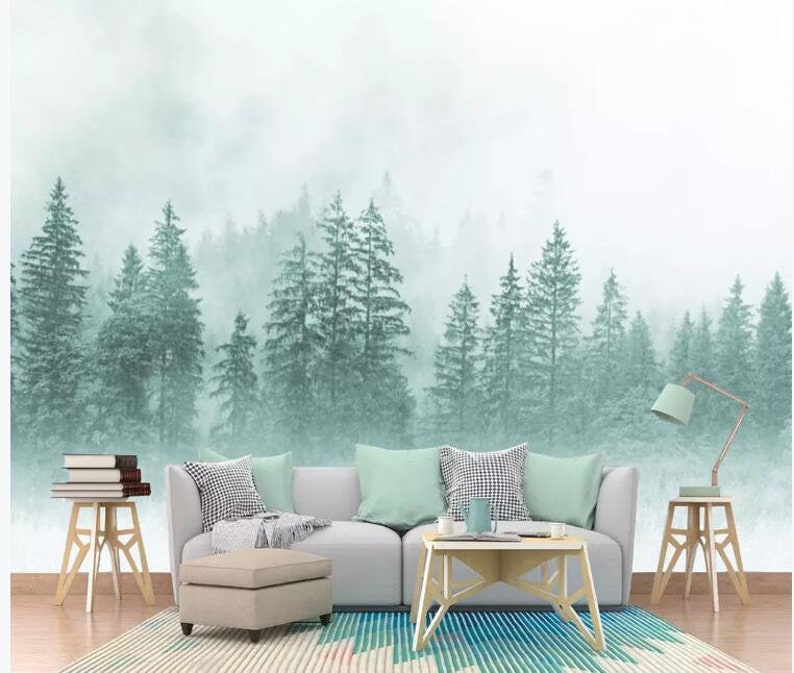 Fresh Simple Trees Forest Mural Wallpaper Handpainted Pine | Etsy