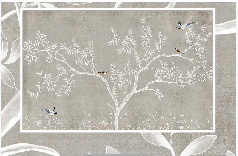 Chinoiserie Huge White Tree Wallpaper Grey Background Flying | Etsy