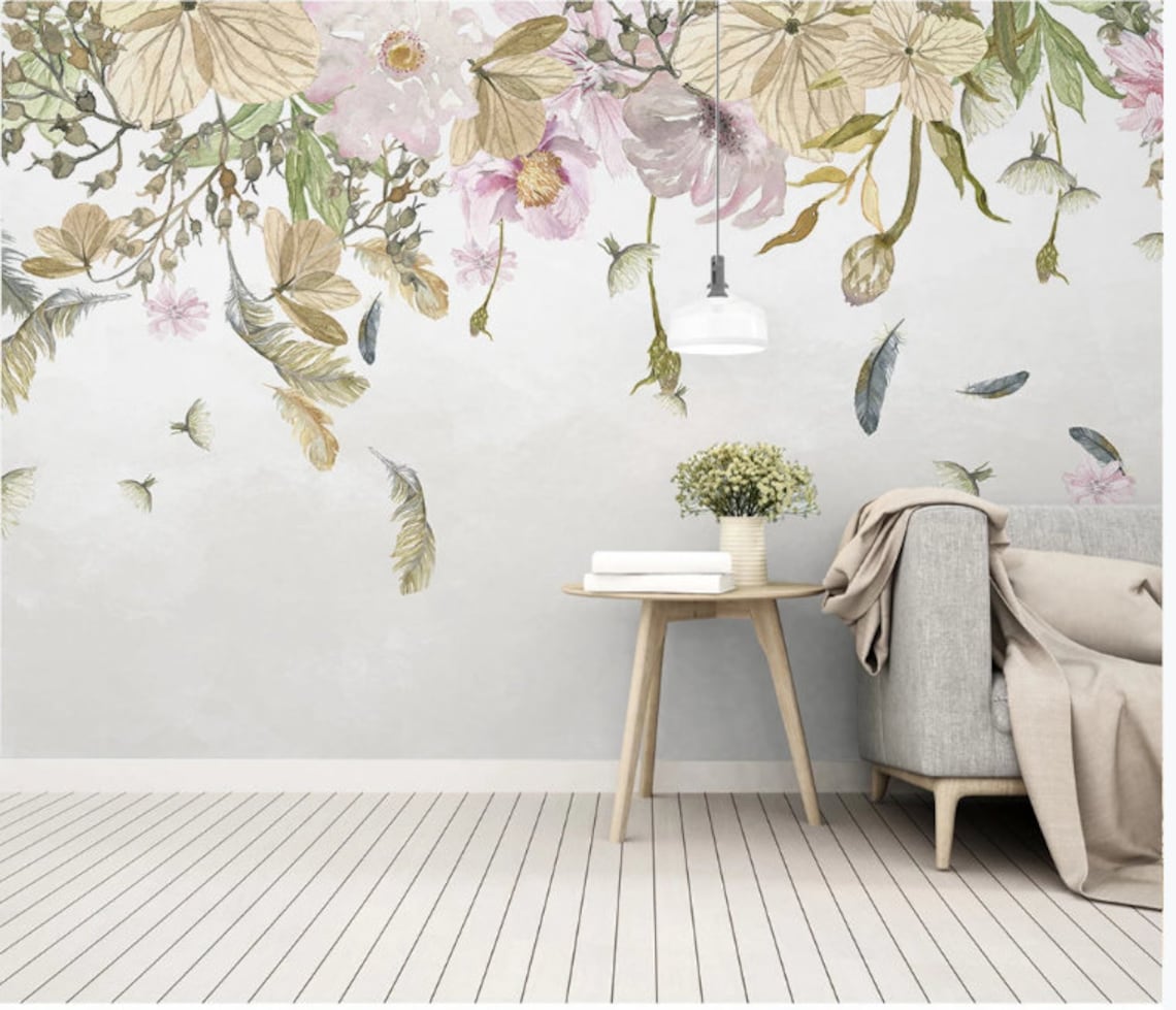 Custom Wallpaper Modern Small Fresh Leaves Floral Feathers | Etsy