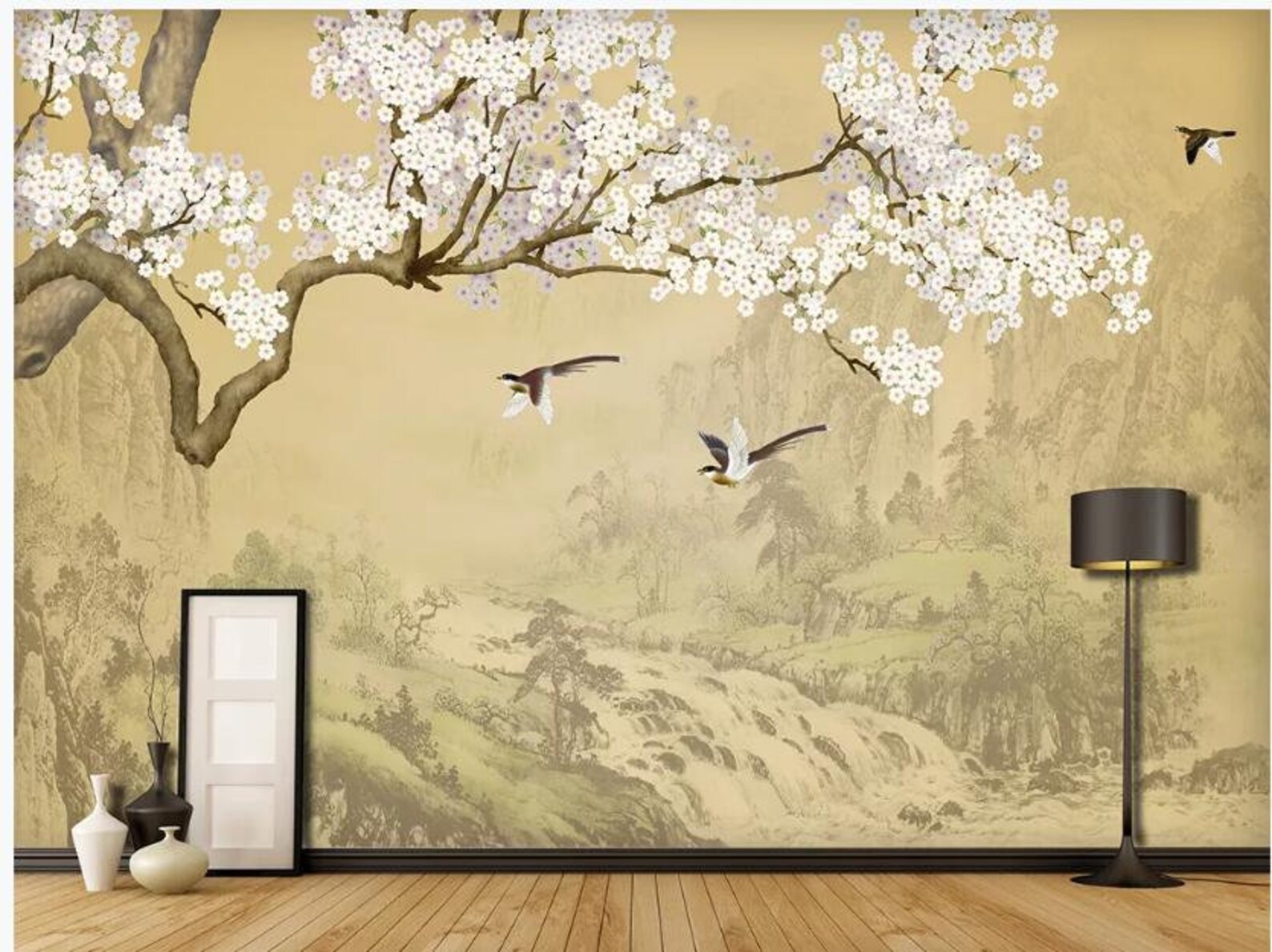 Chinoiserie Hanging Cherry Tree Wallpaper Flying Birds Home - Etsy