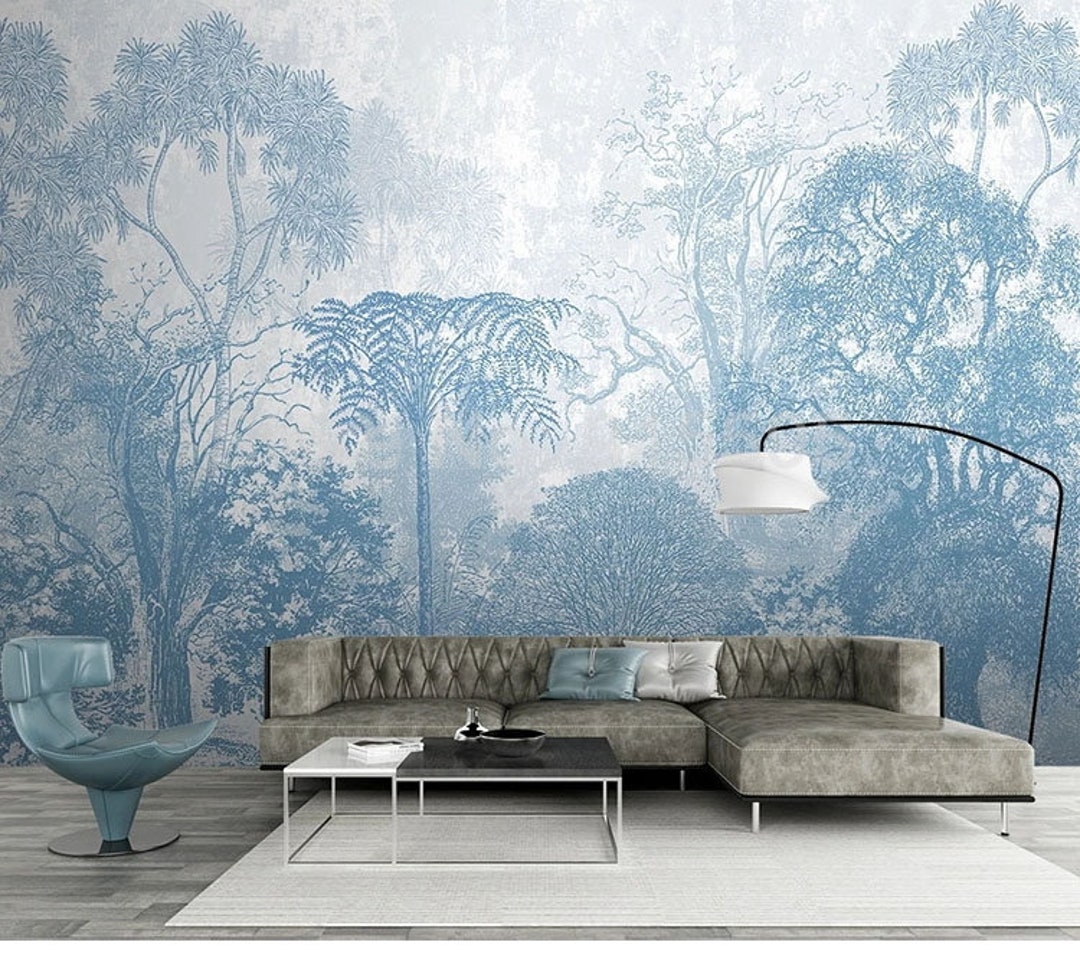 Custom Photo Blue Mural Hand Painted Tree Forest Landscape Wall ...